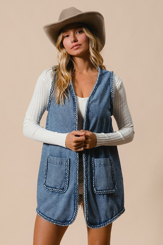 BiBi Braided Trim Open Front Denim Vest with Pockets – ShopRedbird